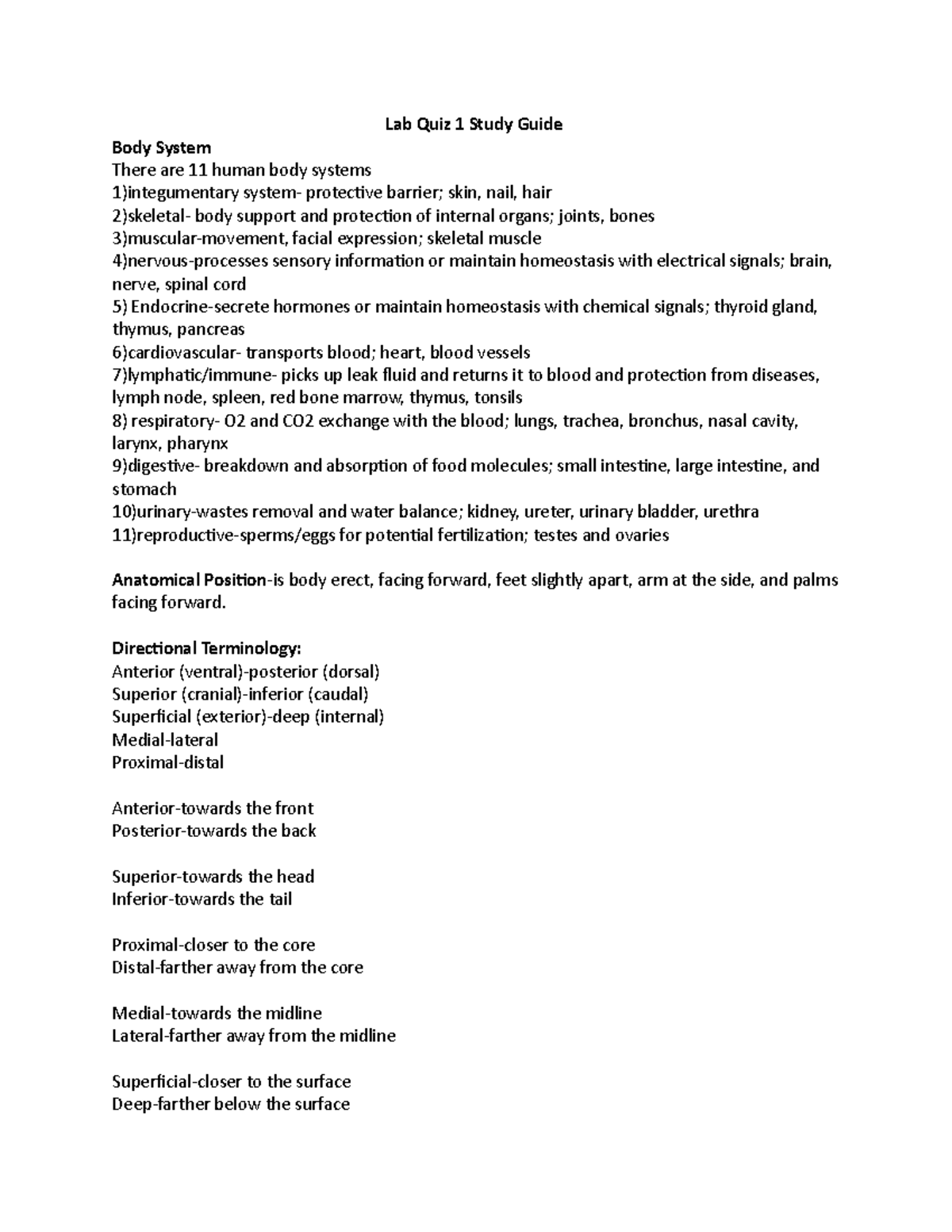Lab Quiz 1 Study Guide: Overview of Body Systems & Anatomy Concepts ...