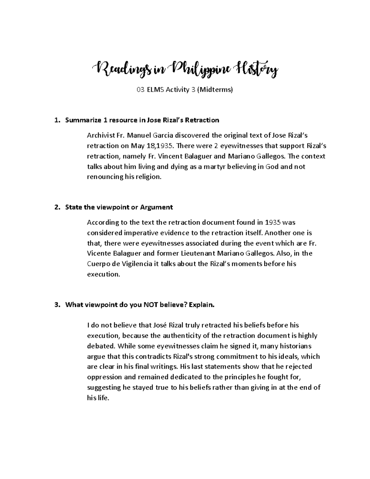 Jose Rizal's Retraction: Midterm Analysis of Historical Evidence - Studocu