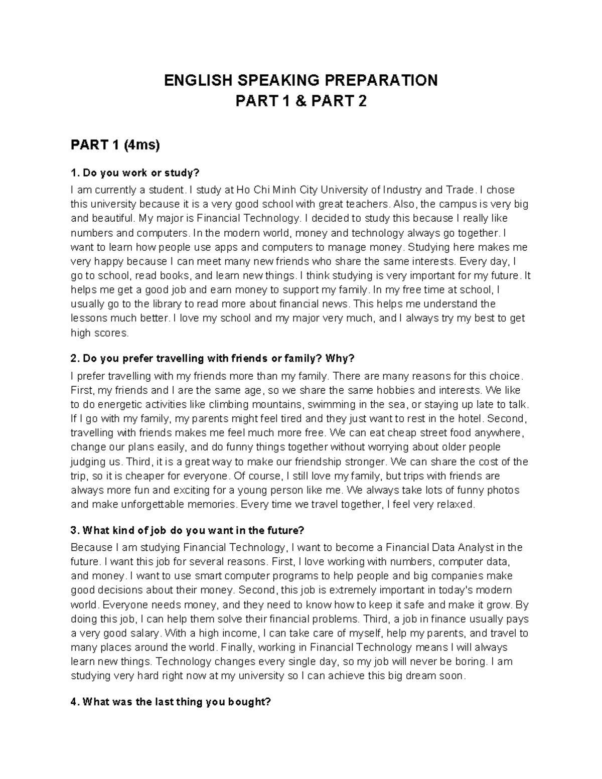 ENGLISH SPEAKING PREPARATION: STUDENT LIFE & FUTURE GOALS - Studocu