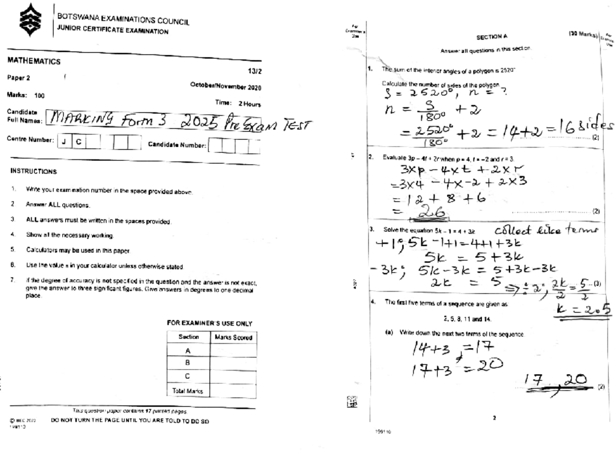 Maths Paper 2, 2020 Marking Key - Botswana Junior Certificate Exam ...