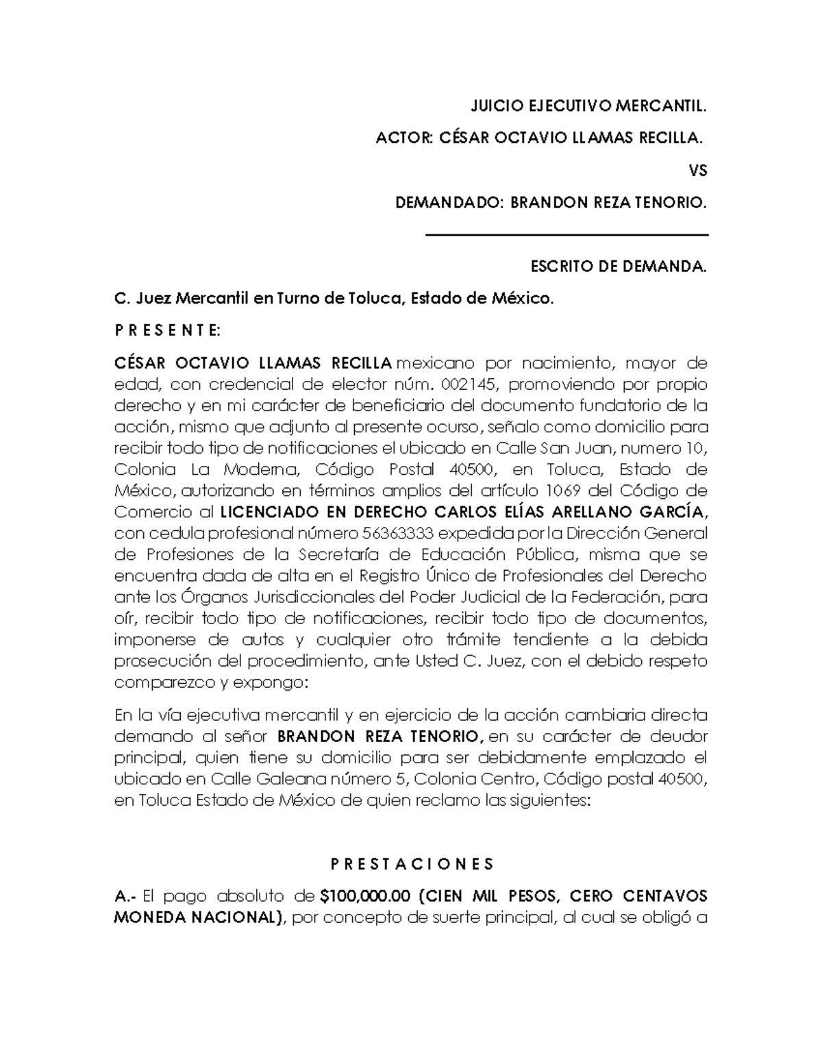 Demanda Ejecutiva Mercantil: Caso César Llamas vs. Brandon Tenorio ...