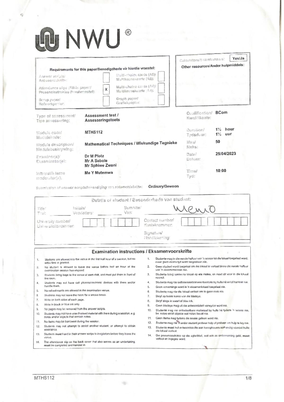 Semester test memo - mths112 - Studocu