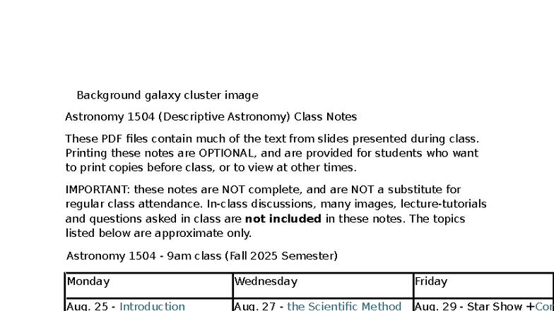 Astronomy 1504 Class Notes: Background Galaxy Clusters - Studocu