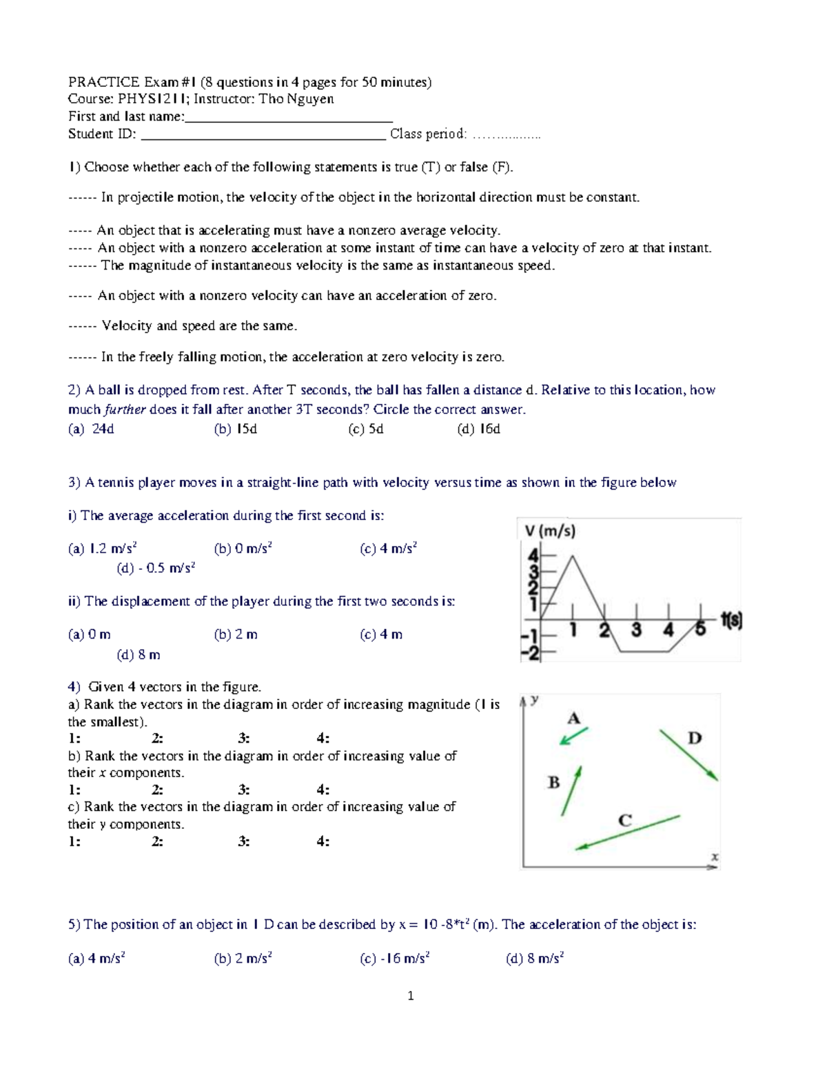 PHYS1211: Practice Exam 1 - Projectile Motion & Velocity Concepts - Studocu