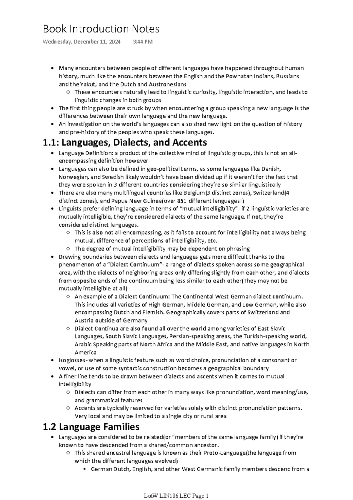 LIN106 Lecture Notes: Language Encounters and Families - Studocu
