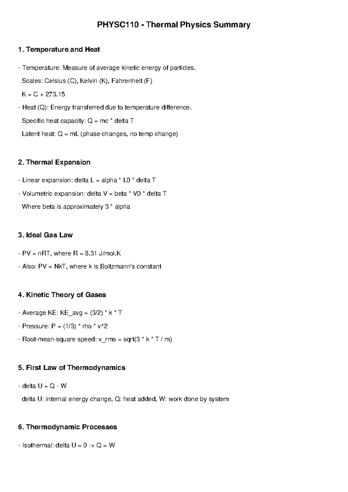 PHYSC110 Thermal Physics Summary: Key Concepts & Formulas - Studocu