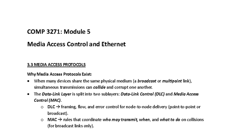 COMP 3271: Module 5 - Media Access Control & Ethernet Overview - Studocu