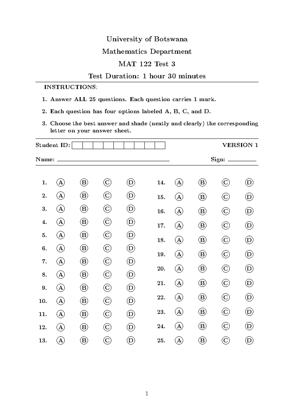 MAT 122 Test 3 - Maths Question Paper (Version 1) - Studocu