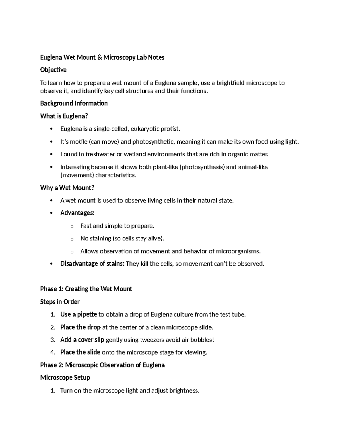 Euglena Wet Mount & Microscopy Lab Notes (BIO 101) - Studocu