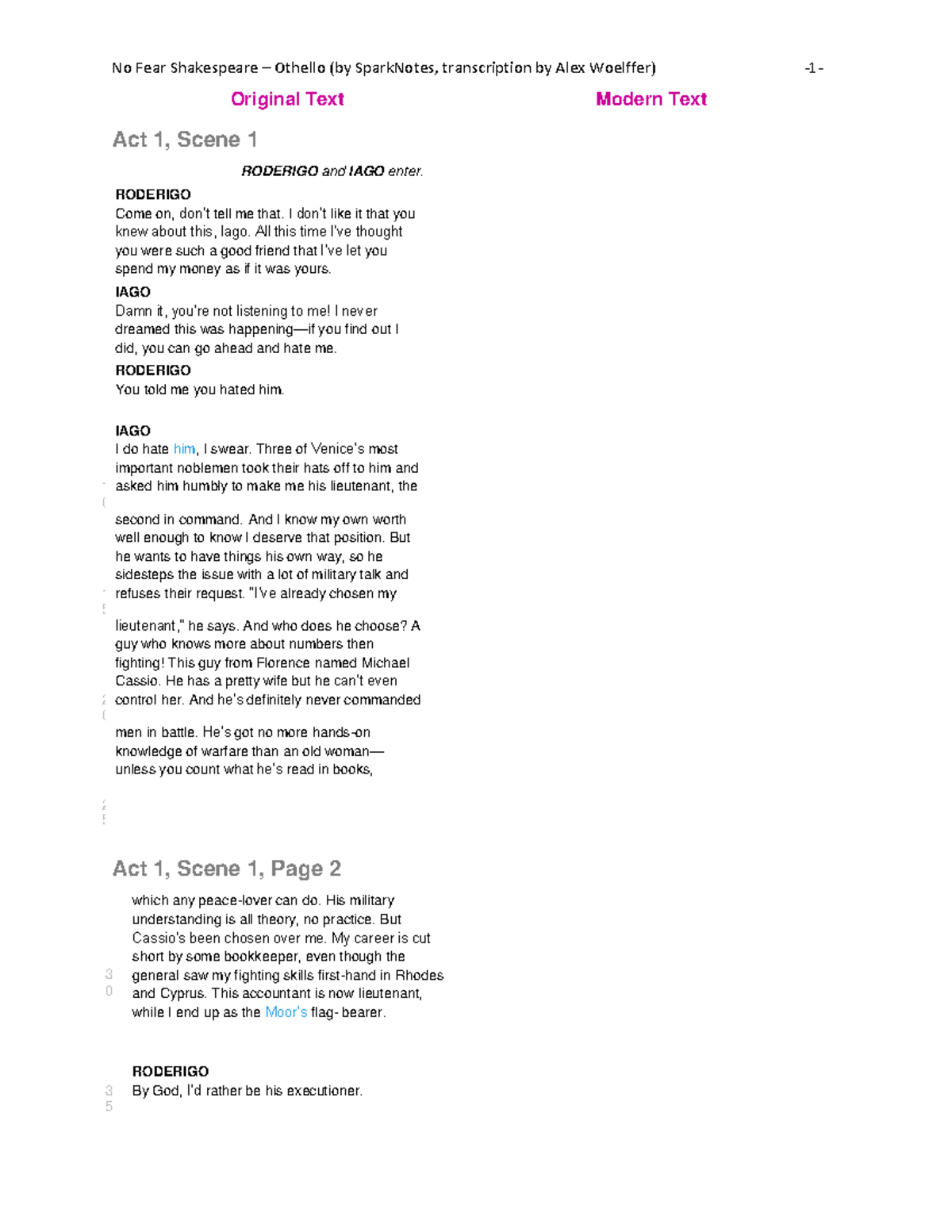 Modern Translation of Othello - Act 1 Scenes 1-3 - Studocu