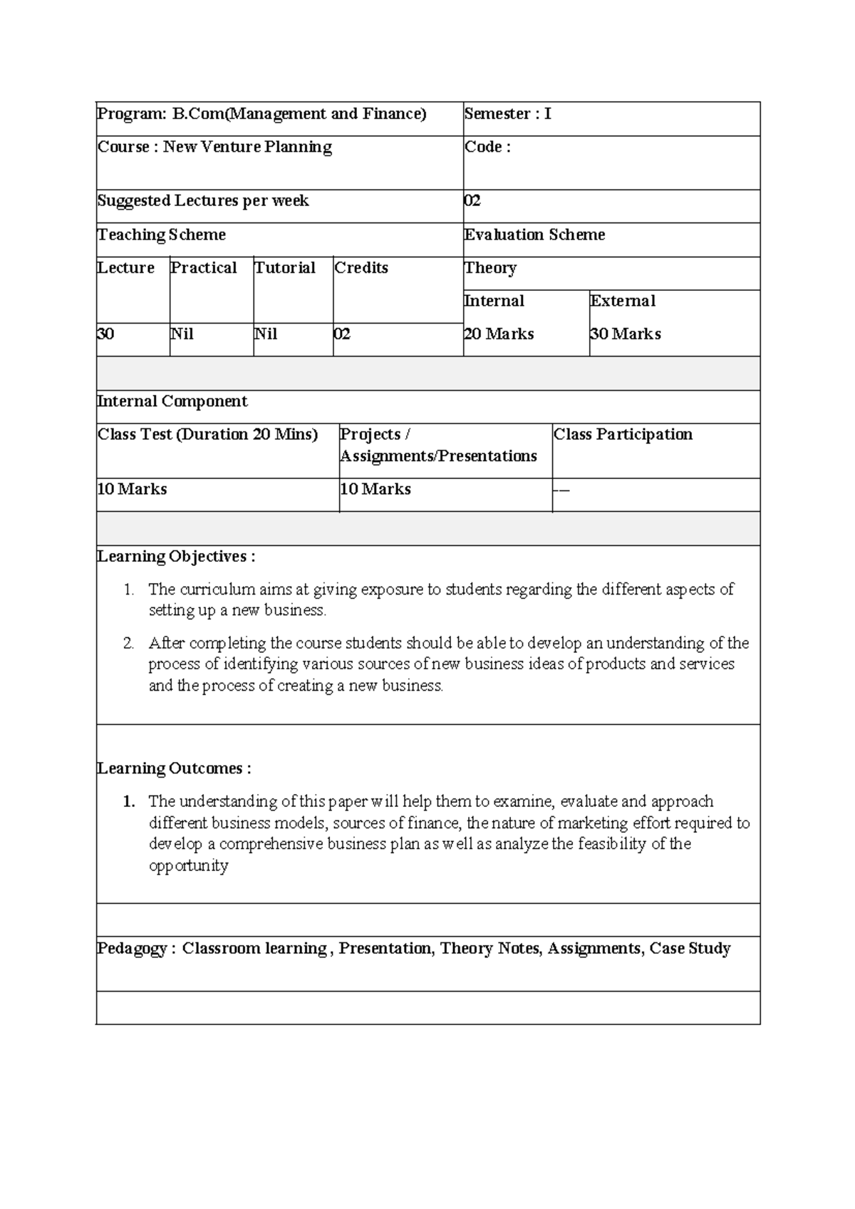 B.Com I Semester: New Venture Planning Lecture Notes - Studocu