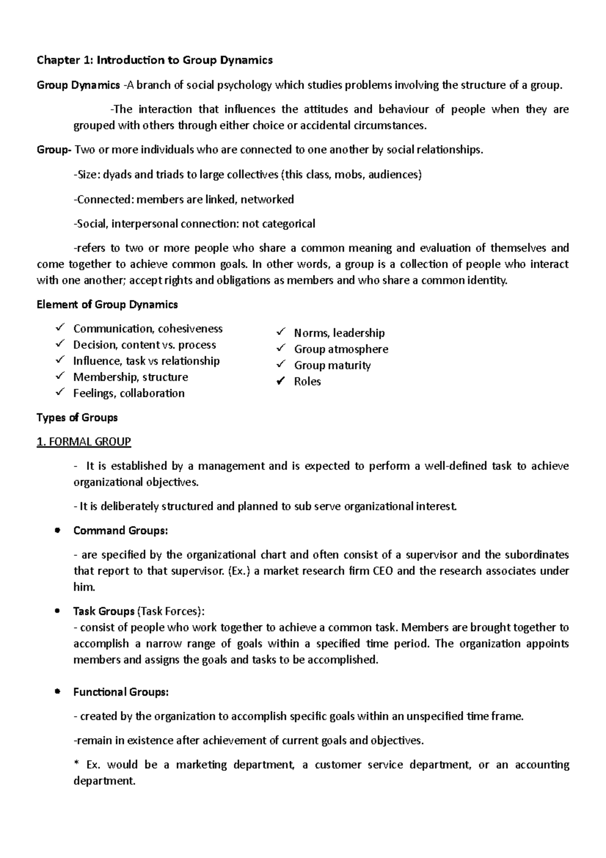 Chapter 1: Notes on Group Dynamics and Social Psychology - Studocu
