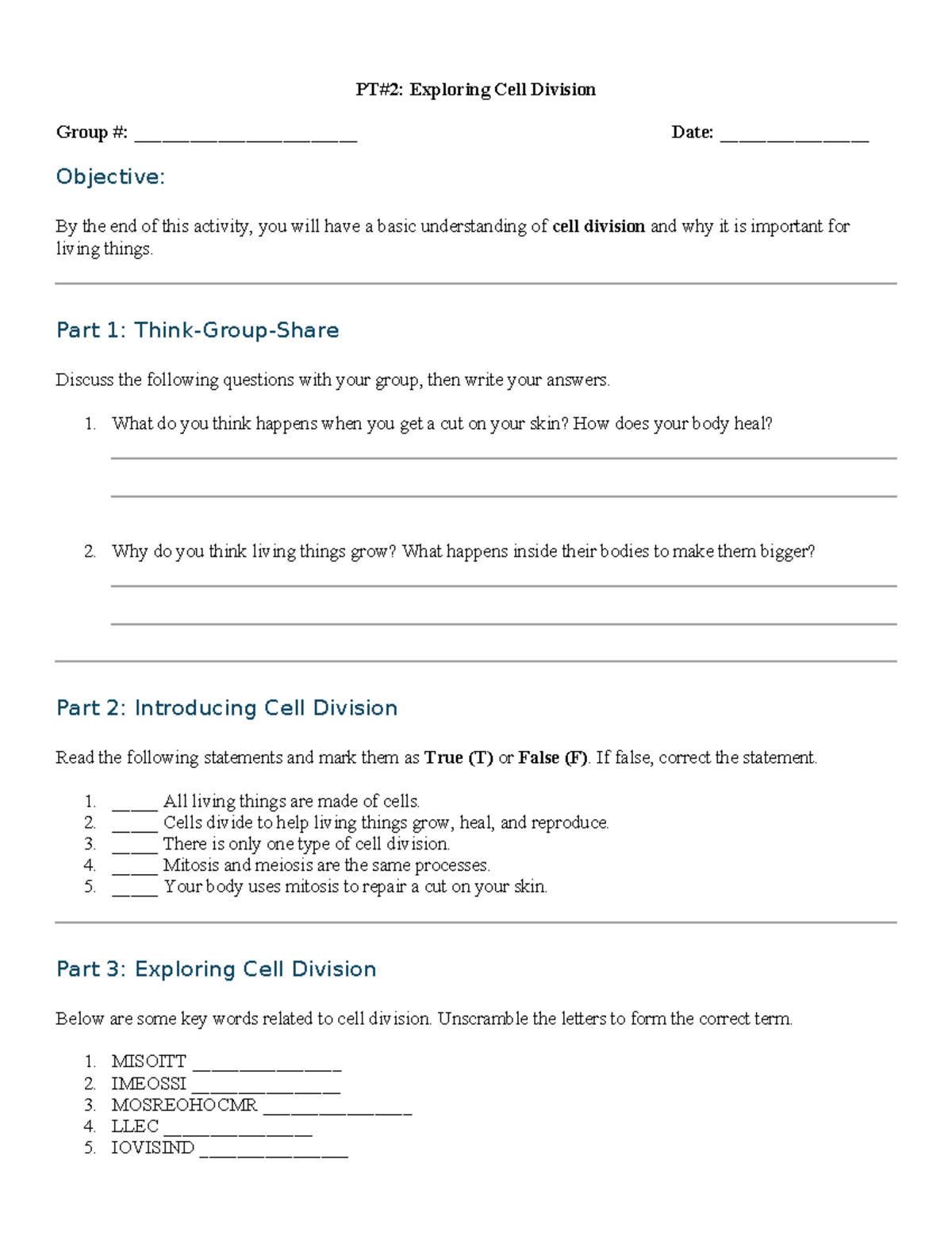 Introduction Cell Division- Activity - PT#2: Exploring Cell Division ...