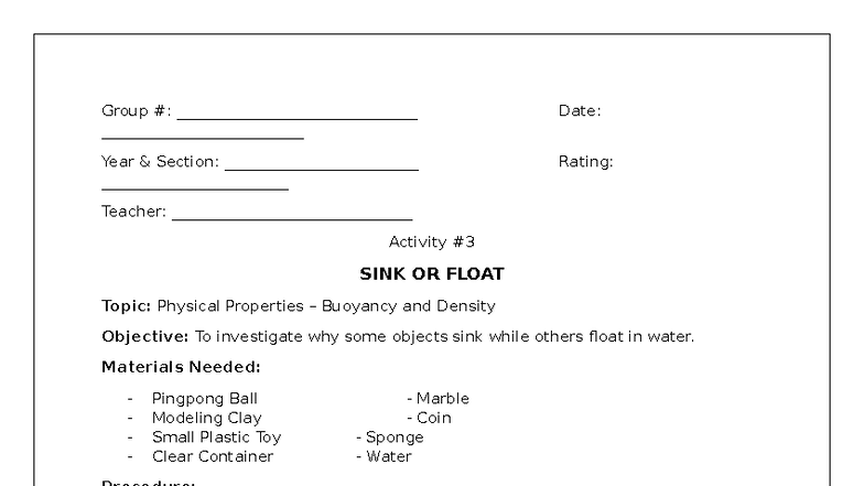 Activity 3: Sink or Float Experiment on Buoyancy and Density - Studocu