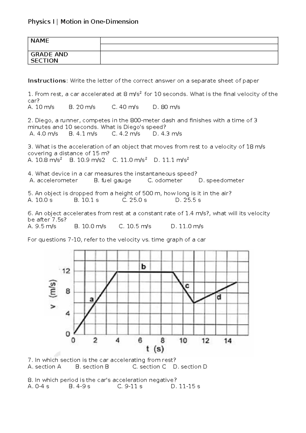 Physics I Motion in 1D Quiz Notes for Grade 12 Students - Studocu