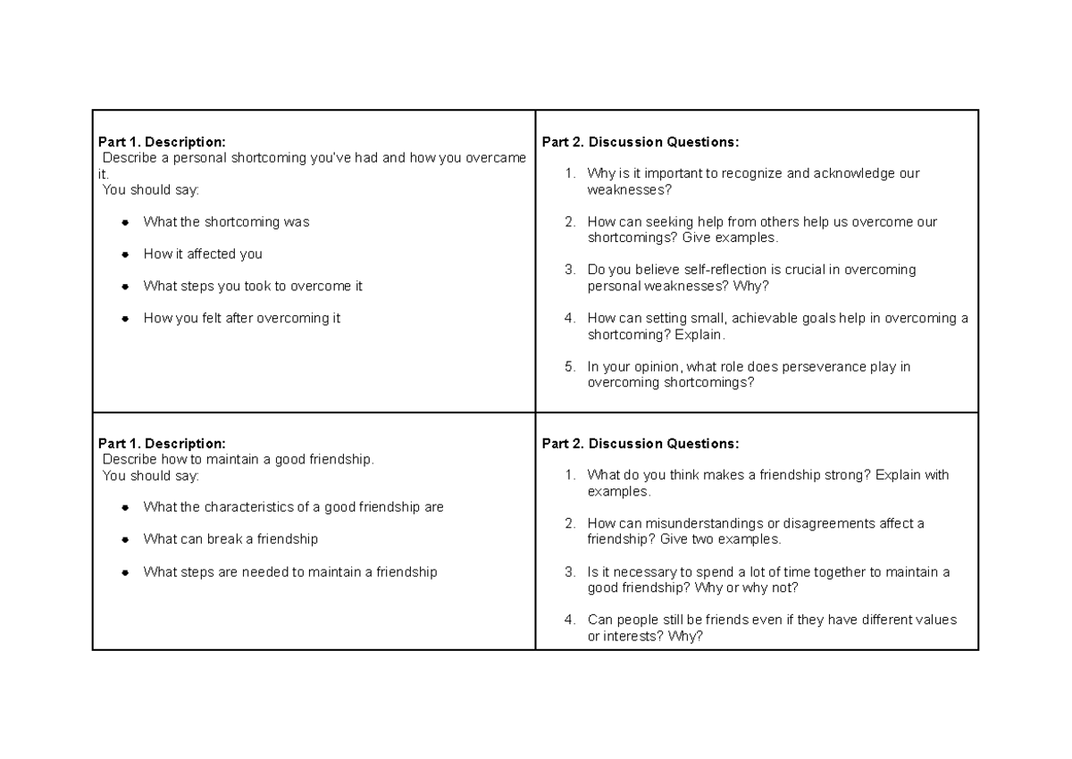 ENT503 Suggested Speaking Topics: Overcoming Shortcomings & Friendship ...