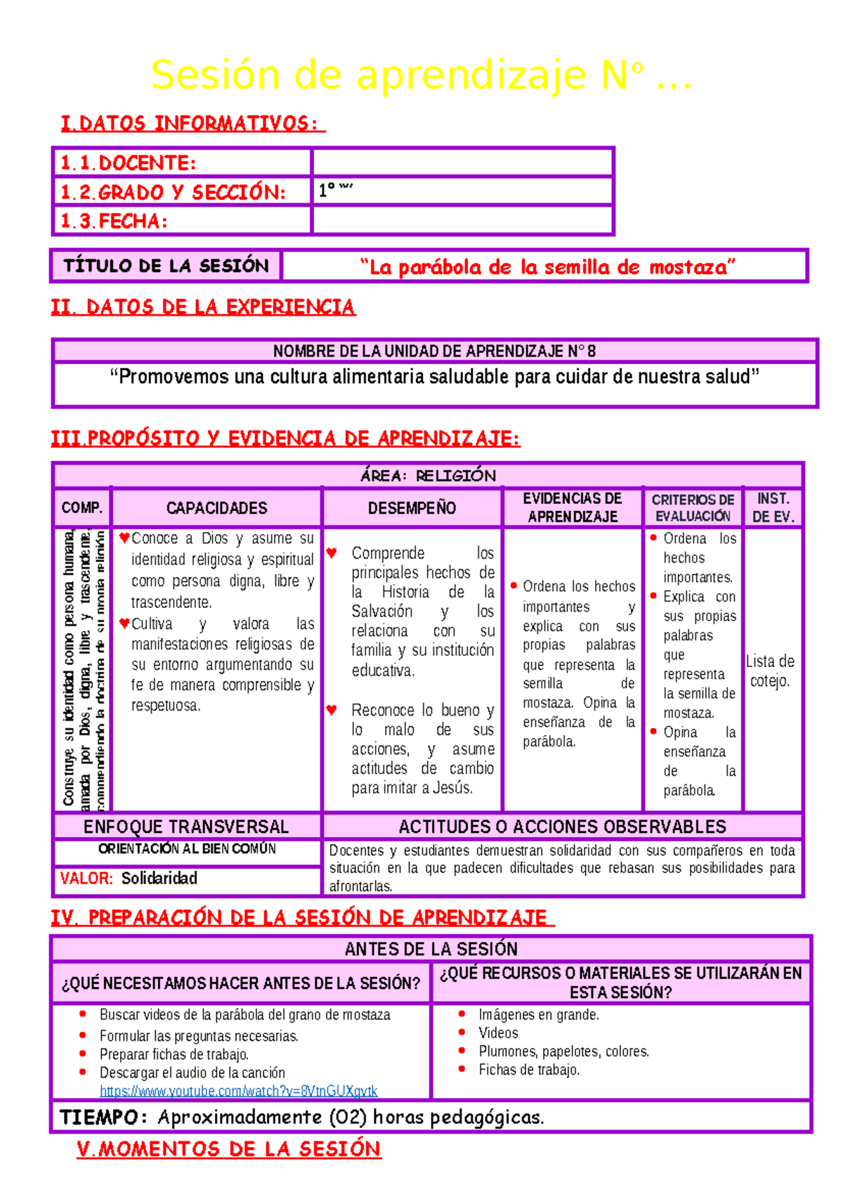Sesión de Aprendizaje: Parábola de la Semilla de Mostaza (Unidad 8 ...