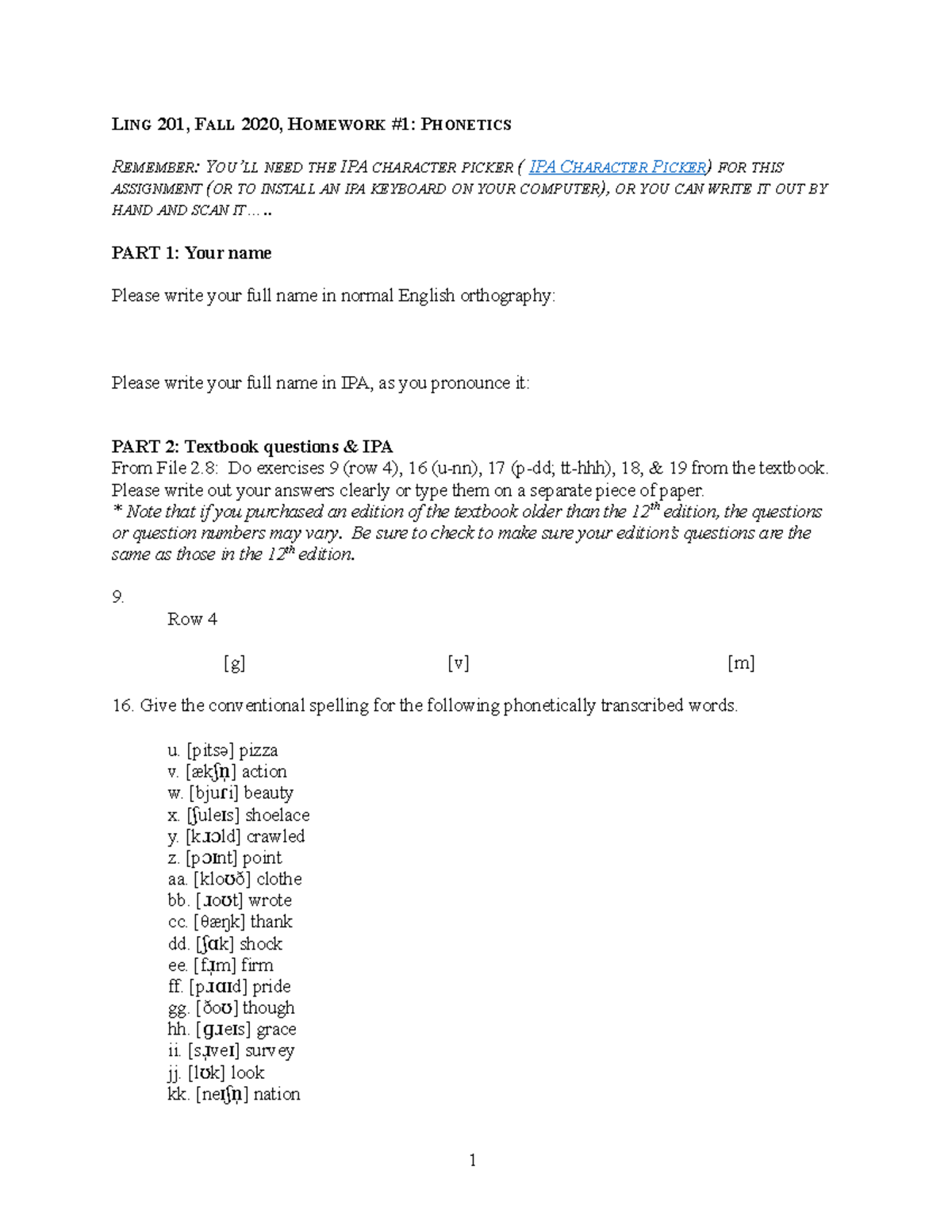 Phonetics Homework 1 LING201: IPA Transcription and Exercises - Studocu