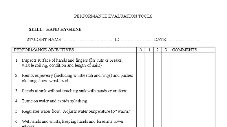 Hand Hygiene Performance Evaluation Checklist - Studocu