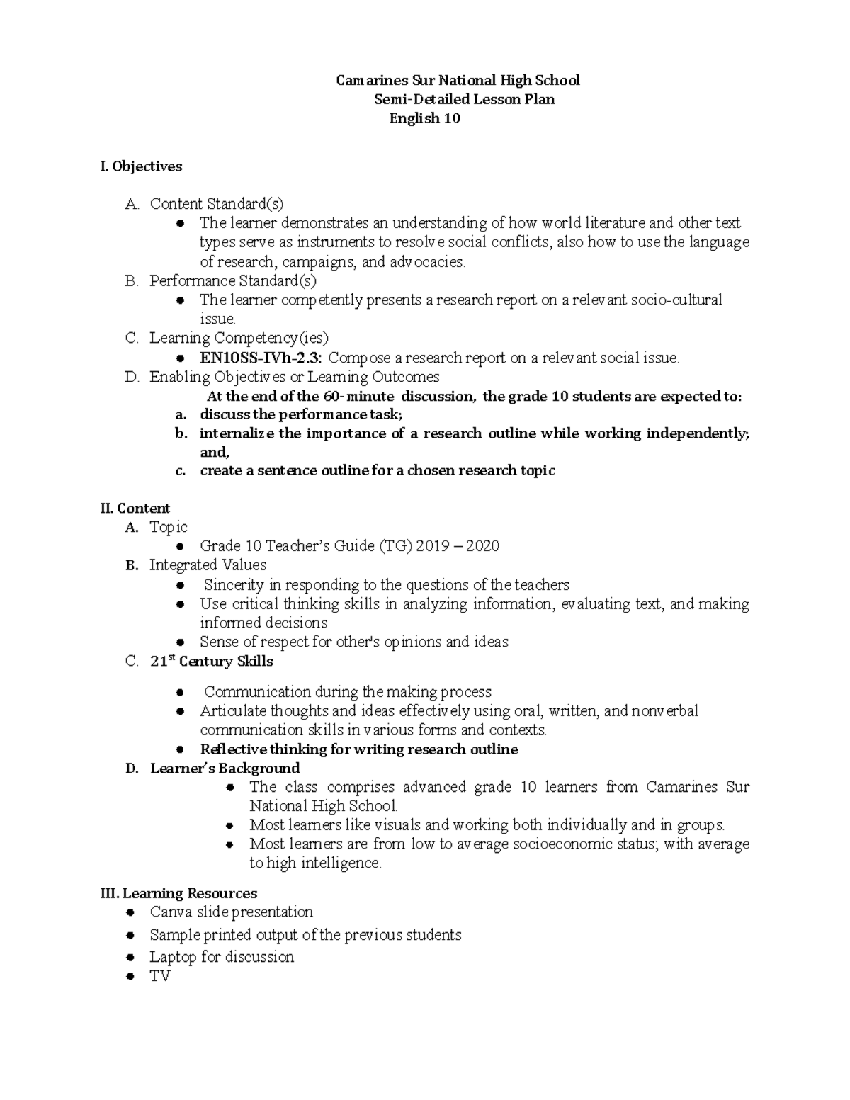 English 10 Semi-Detailed Lesson Plan: Crafting Research Outlines - Studocu