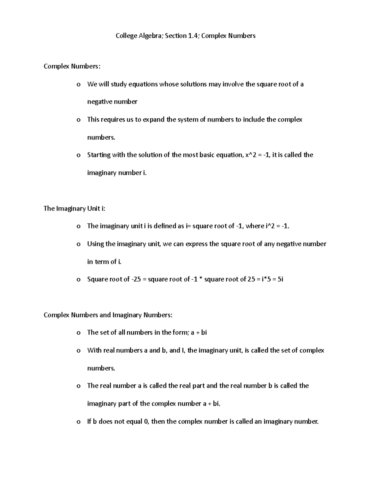 College Algebra Notes: Section 1.4 - Complex Numbers Overview - Studocu