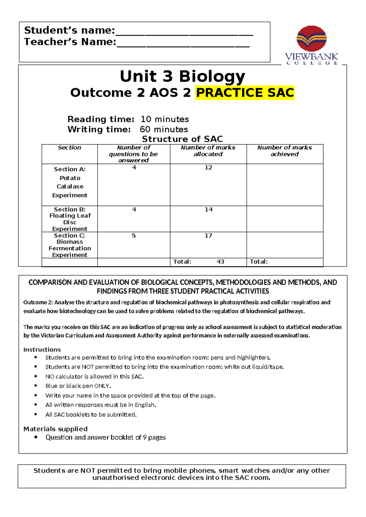 Unit 3 Biology Outcome 2 AOS 2 Practice SAC: 3 Experiments Analysis ...
