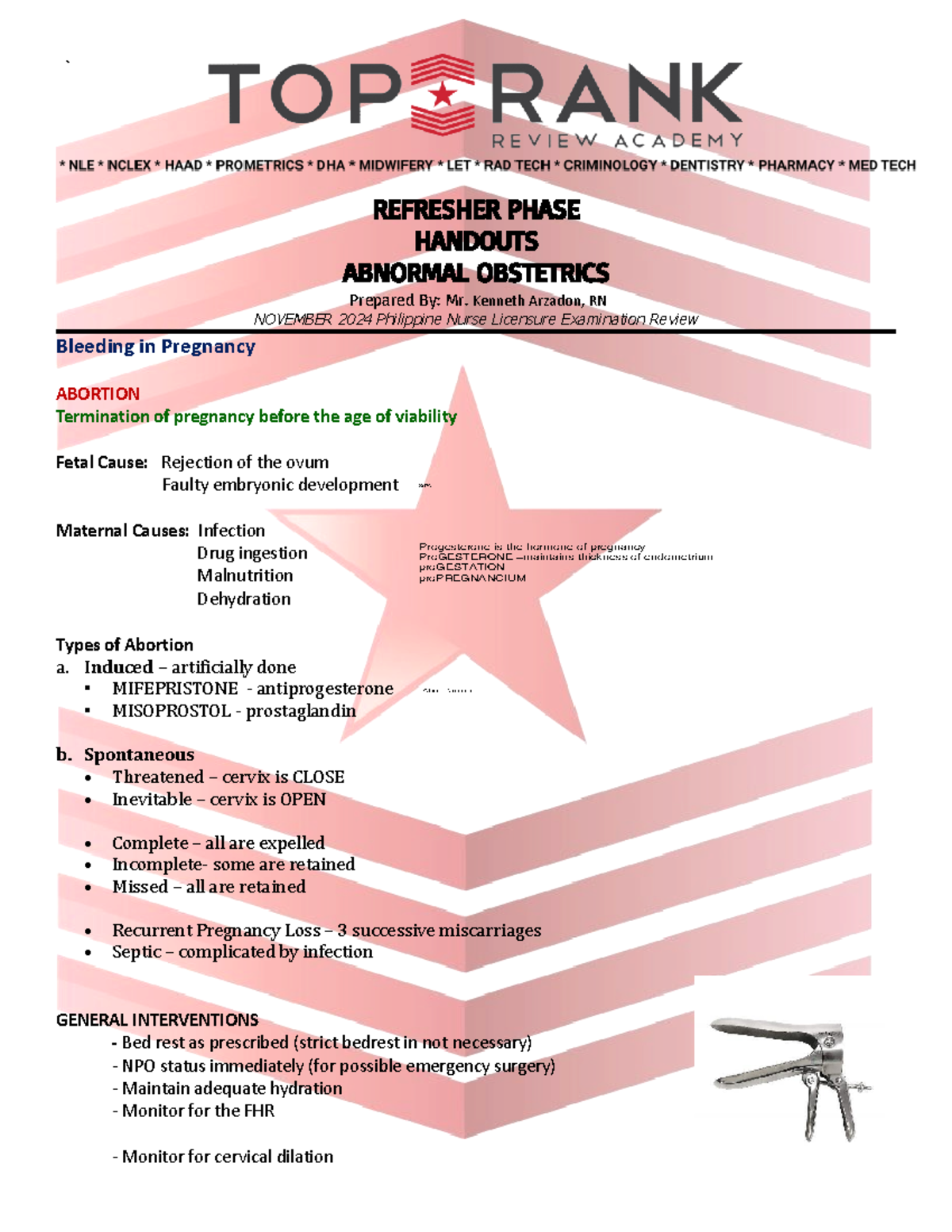 Handouts - Abnormal Obstetrics Review for Nursing - MR. Kenneth Arzadon ...