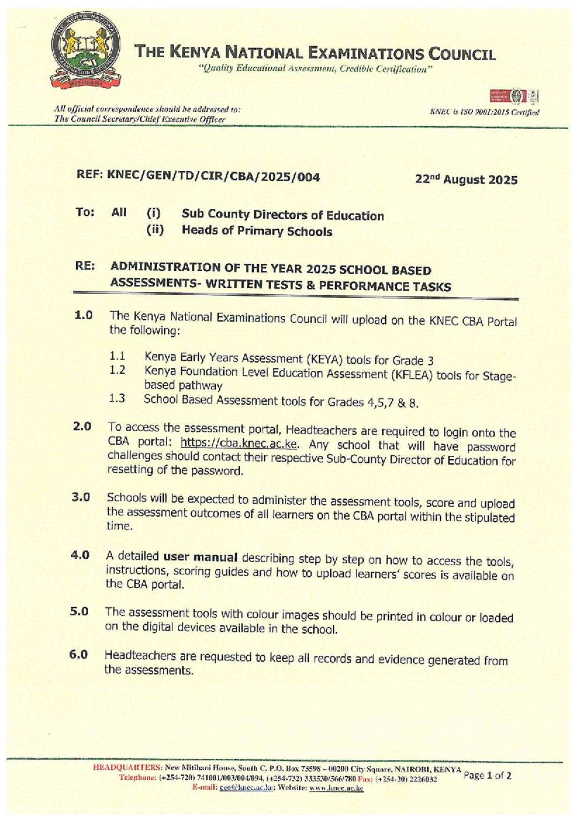 Circular on Admin of 2025 SBAs Written Tests - KNEC - Studocu