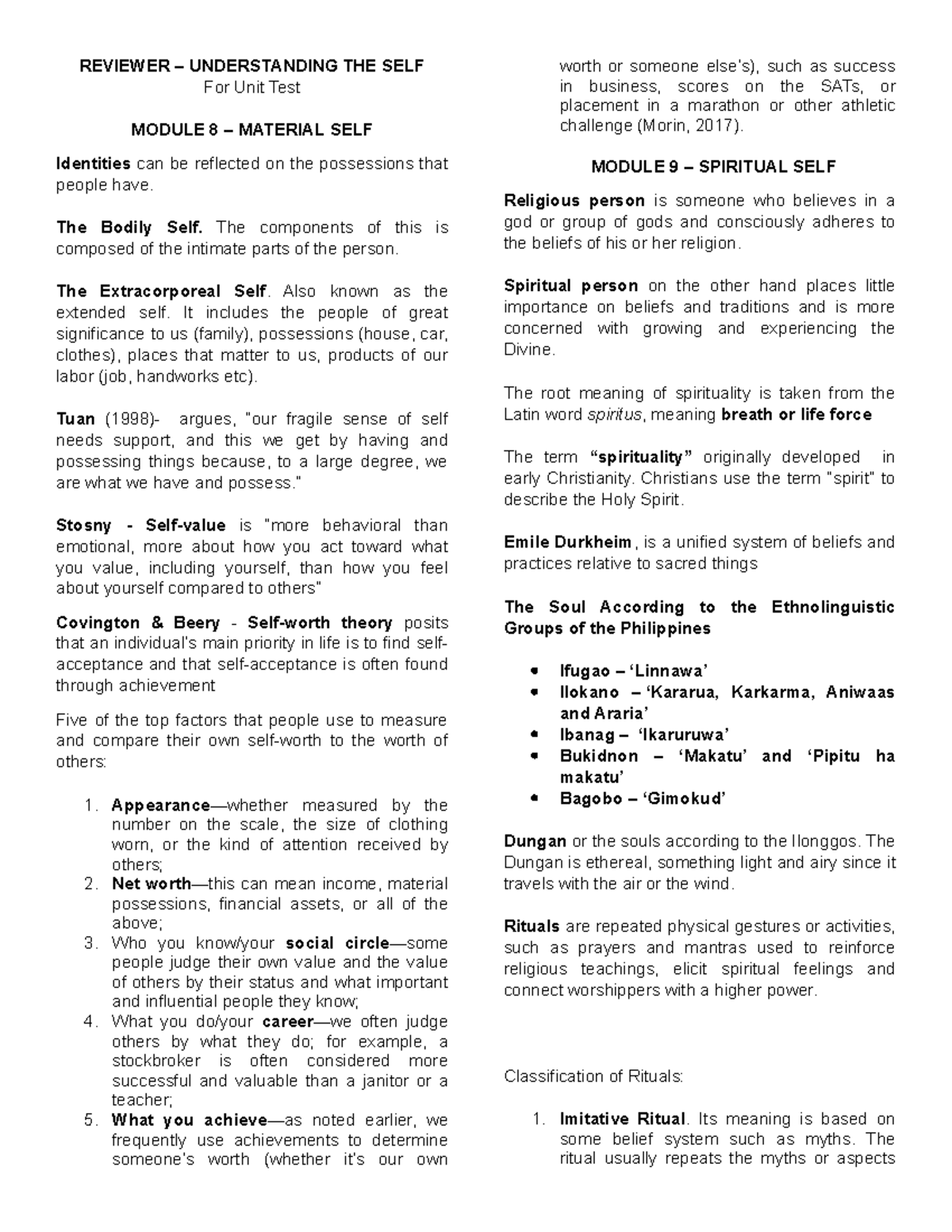 GE 1 Reviewer UNIT TEST - REVIEWER – UNDERSTANDING THE SELF For Unit ...