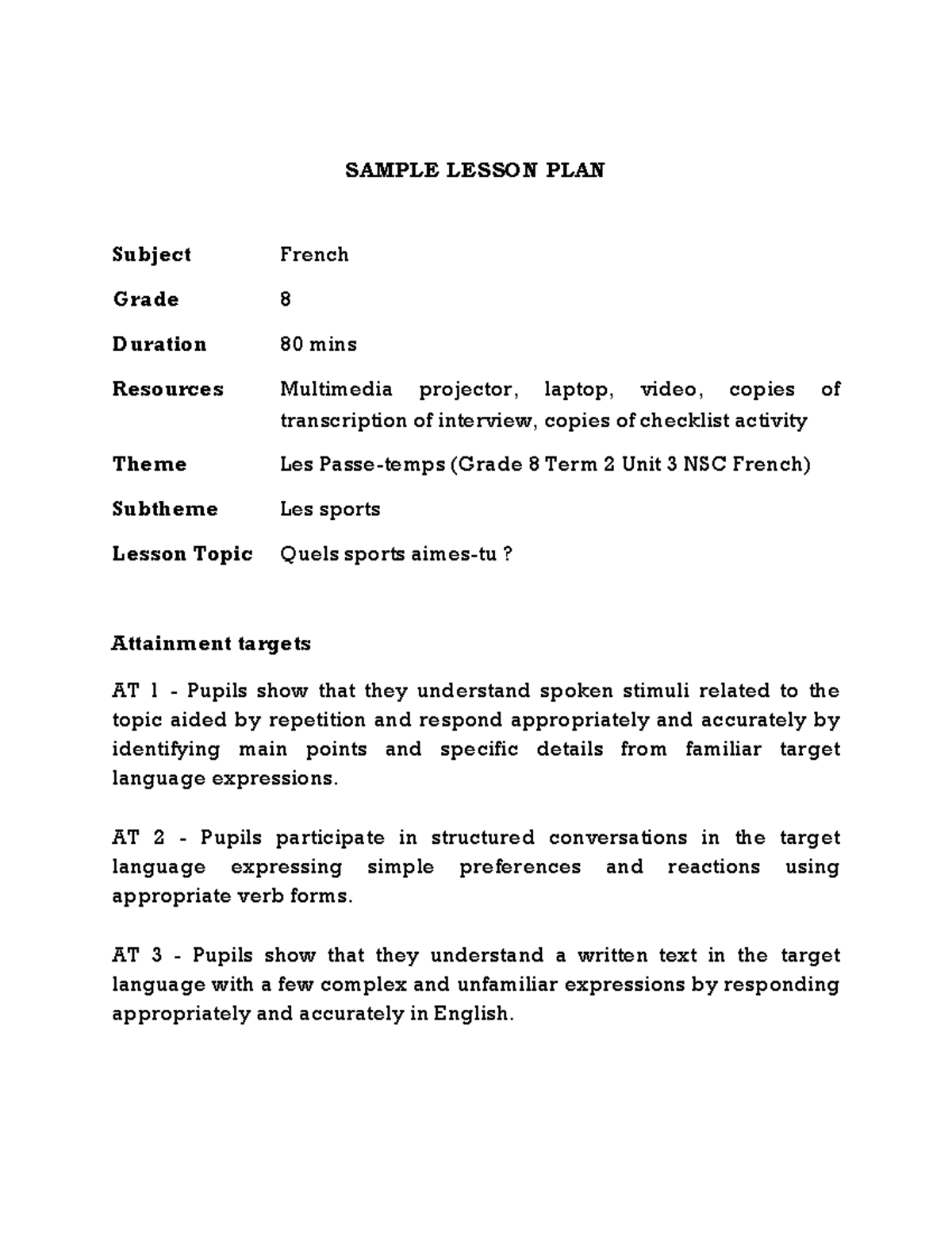 French Lesson Plan: Quels Sports? (Grade 8, Term 2) - Studocu