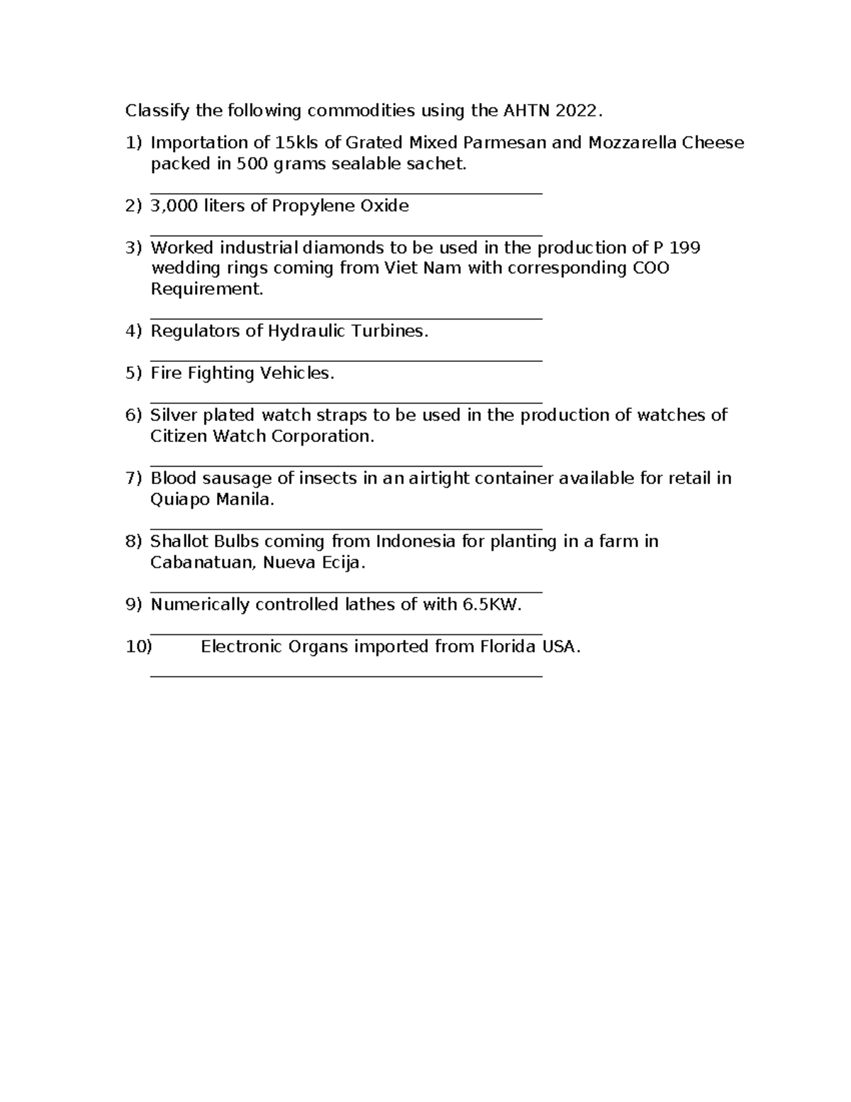 AHTN 2022 Classification Activity for Various Commodities - Studocu