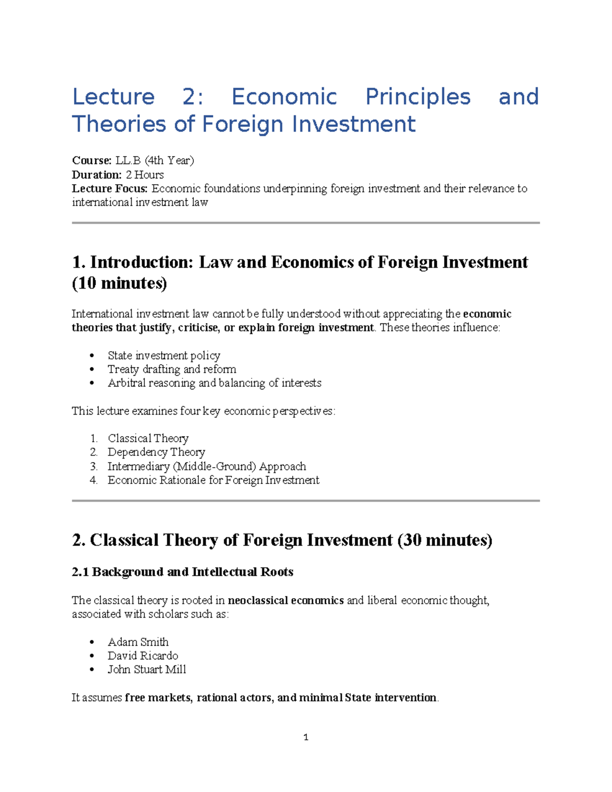 Lecture 2: Economic Principles & Theories of Foreign Investment - LL.B ...