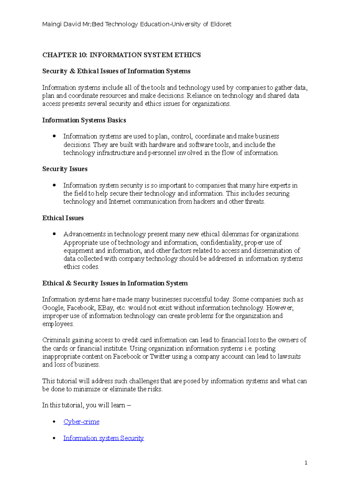 MIS10 - Mis notes - CHAPTER 10: INFORMATION SYSTEM ETHICS Security ...