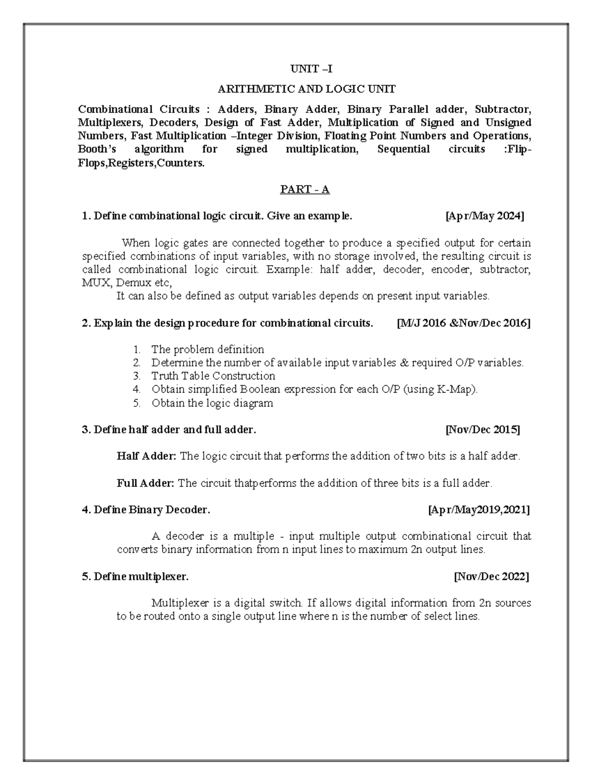 DPCO UNIT 2 - Combinational Circuits and Logic Design Notes - Studocu