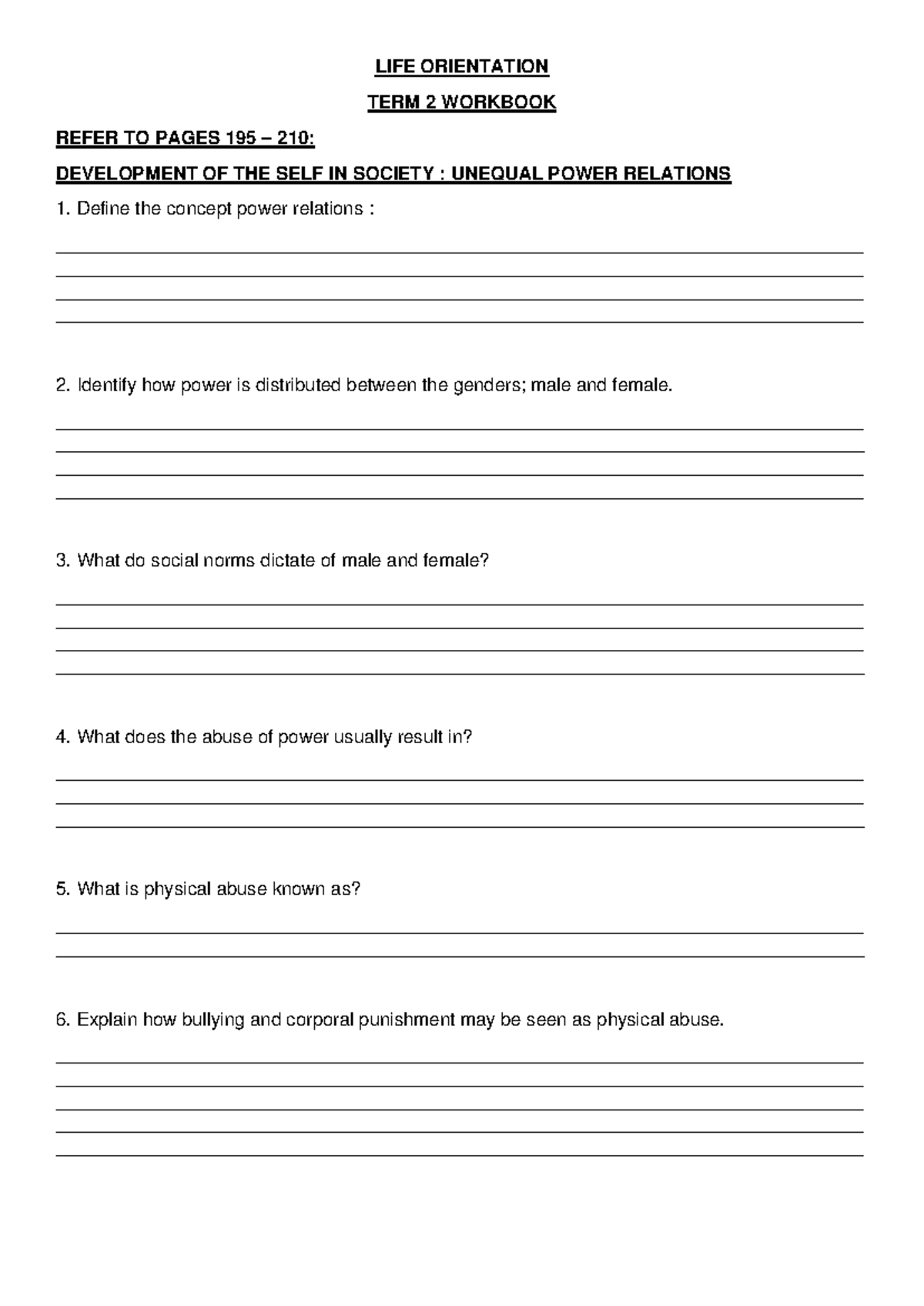 LIFE Orientation GR 11 Term 2 Workbook on Power Relations & Abuse - Studocu