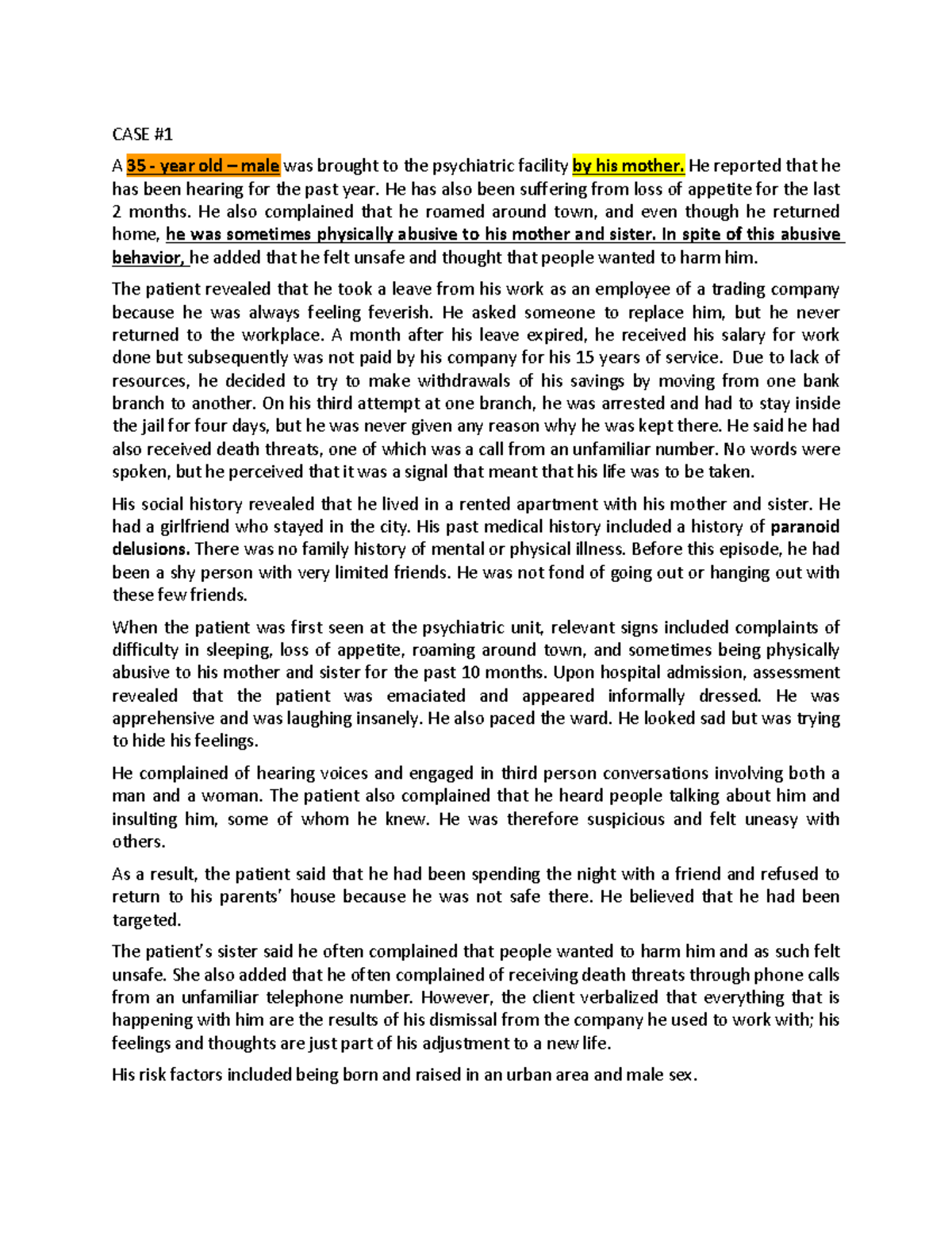 CASE - Patient with Schizophrenia: A Comprehensive Case Study Analysis - Studocu