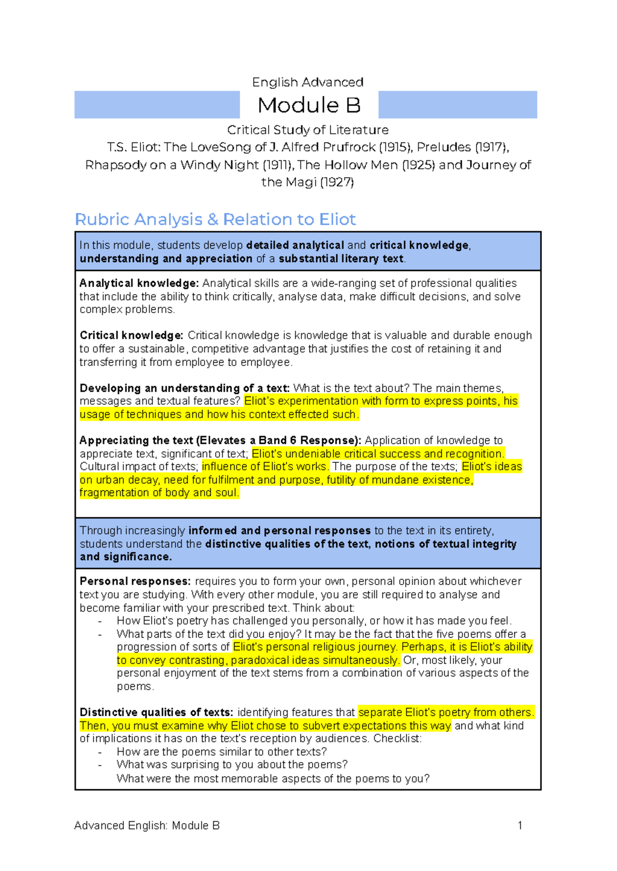 Module B - T.S. Eliot: Comprehensive Study Notes and Analysis - Studocu