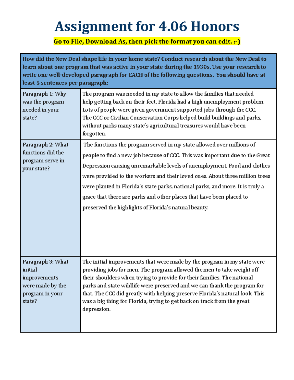 Copy of USH 4 - own words - Assignment for 4 Honors Go to File ...