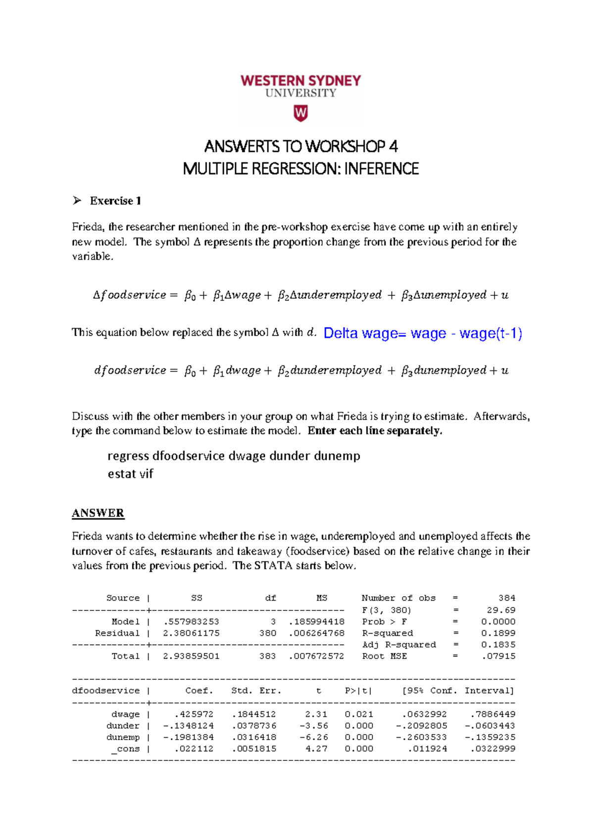 Week 4 - Answers to Workshop 4 Multiple Regression Exercises - Studocu