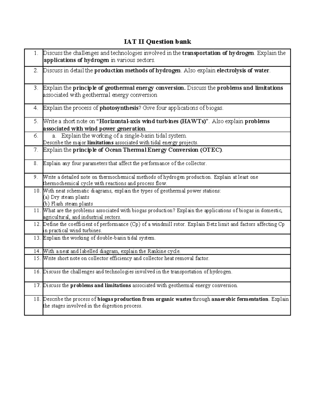 IAT II Question Bank: Hydrogen, Geothermal, and Renewable Energy ...