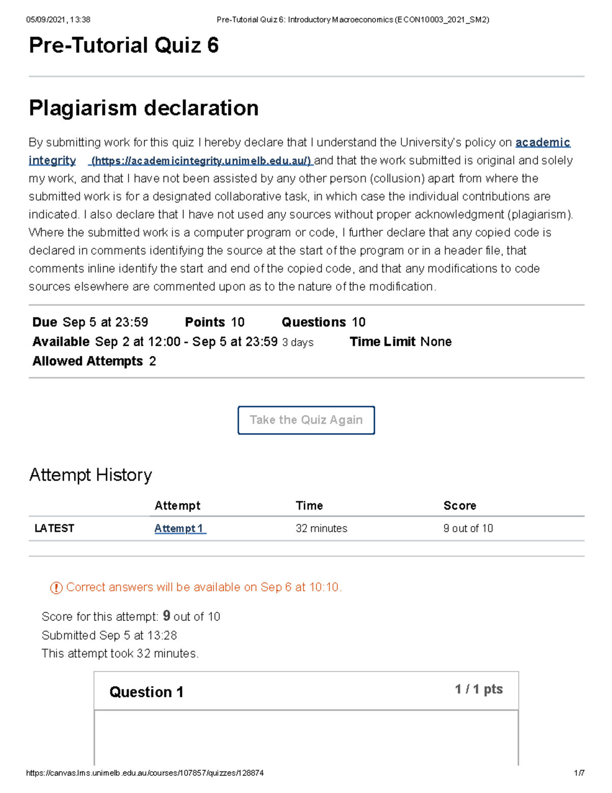 Pre-Tutorial Quiz 6 Introductory Macroeconomics (ECON10003 2021 SM2 ...