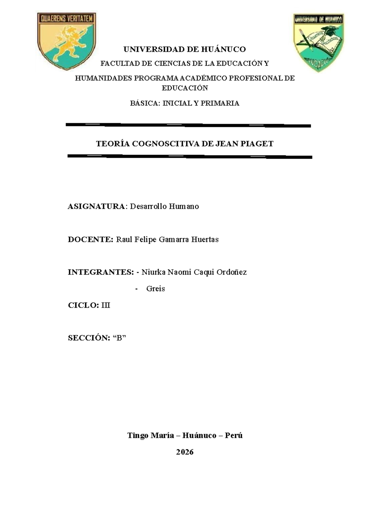 Teoría Cognoscitiva de Jean Piaget - Trabajo de Investigación (EDU 2026 ...