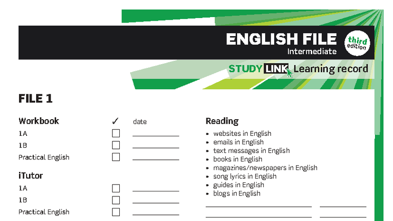 ENGLISH FILE Intermediate Learning Record Workbook Files 1-10 - Studocu