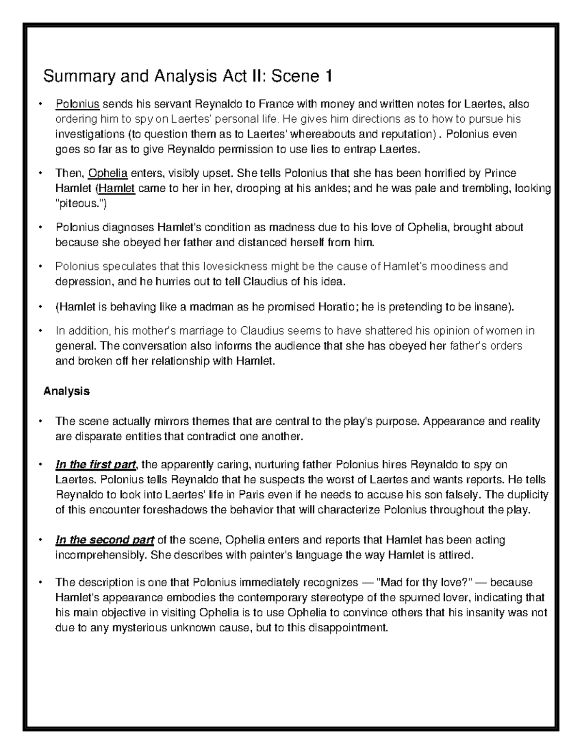 Hamlet - Act II: Scene 1 Summary & Analysis of Polonius' Actions - Studocu