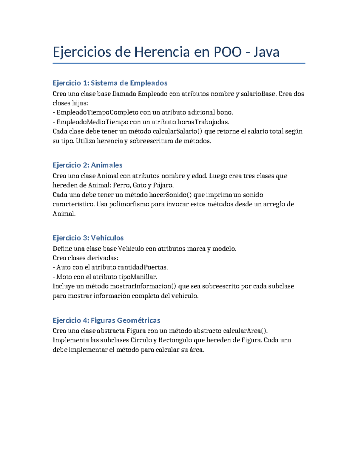 Ejercicios de Herencia en POO Java: Ejercicios Prácticos - Studocu