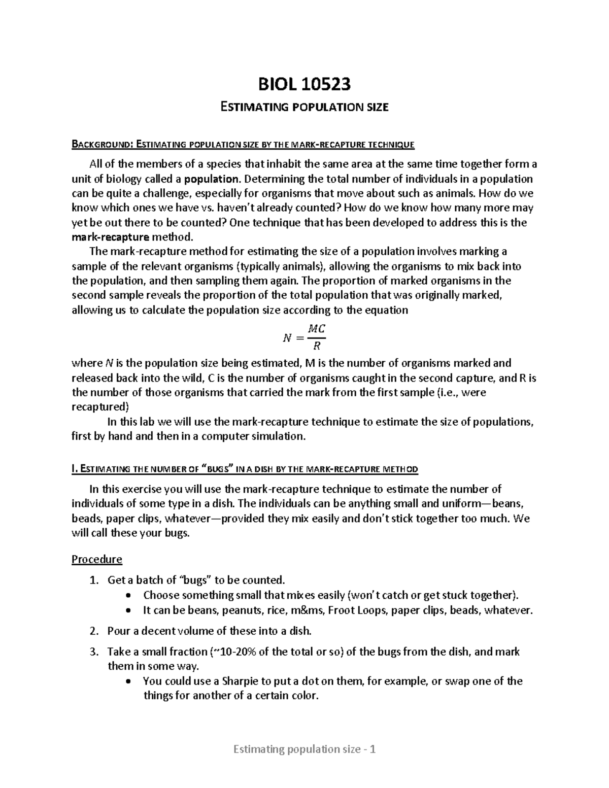 BIOL 10523 - Estimating Population Size: Mark-Recapture Method - Studocu