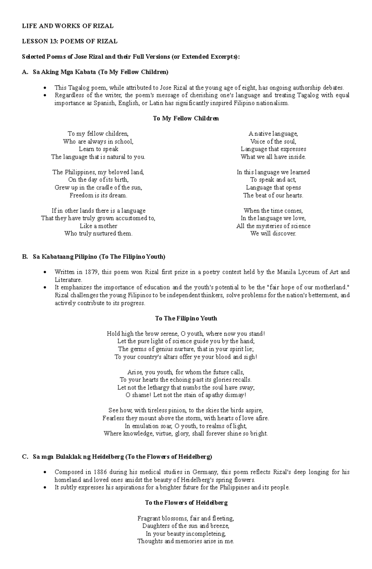 Lesson 13 - Selected Poems of Rizal and Their Significance - Studocu