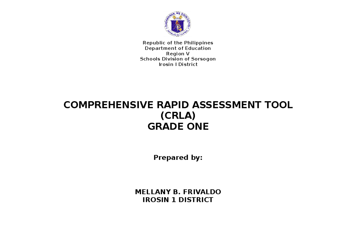 Grade 1 Comprehensive Rapid Assessment Tools (CRLA) Overview - Studocu