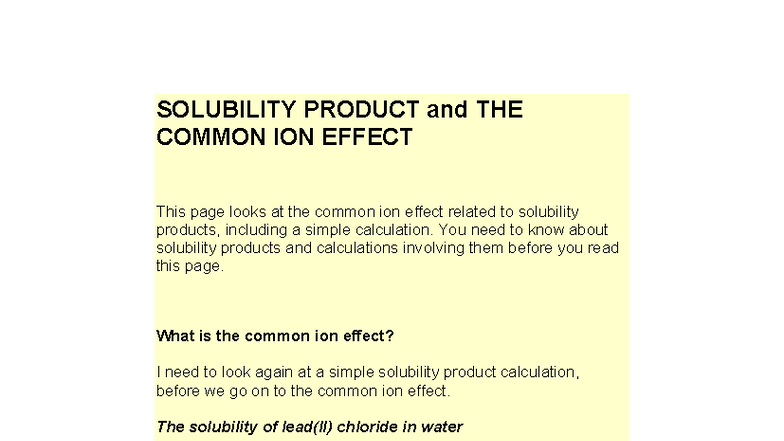 Solubility Product and Common Ion Effect: A Study Guide - Studocu