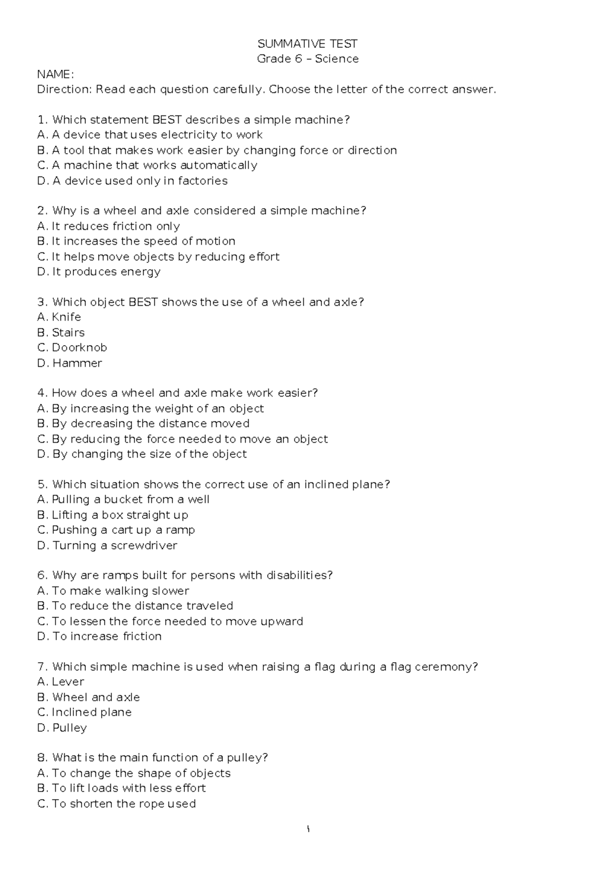 Q3 SUM4 Grade 6 Science Summative Test on Simple Machines - Studocu